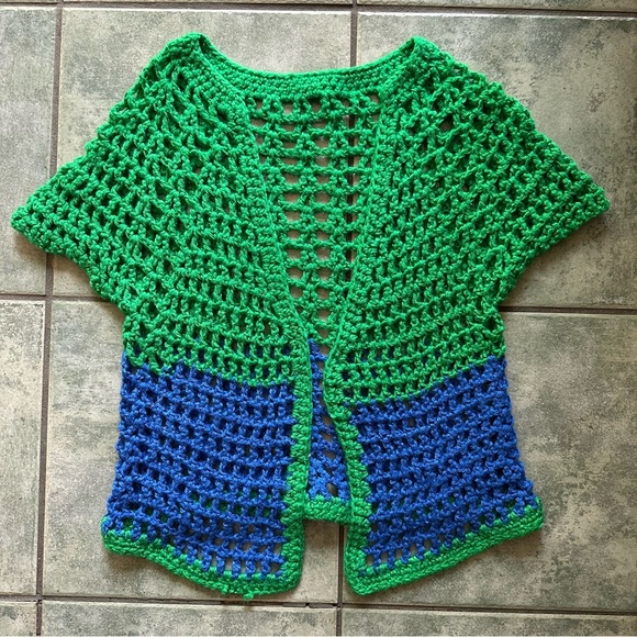 Tops | Handmade Crochet Colorblock Green Blue Granny Knit Short Sleeve ...